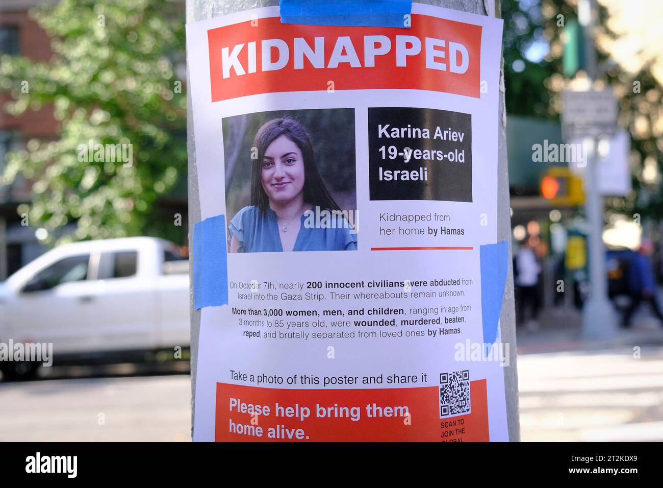 NEW YORK, NY- OCTOBER 19: Israeli kidnapped signs spotted in the West ...