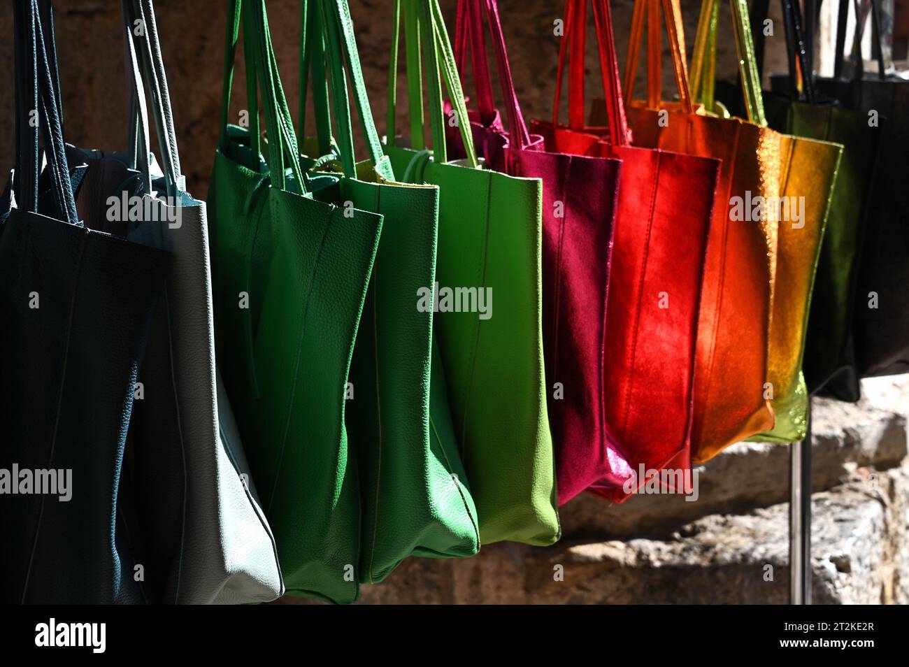 Colourful bags at the market in San Gimignano, Tuscany, Italy Stock ...