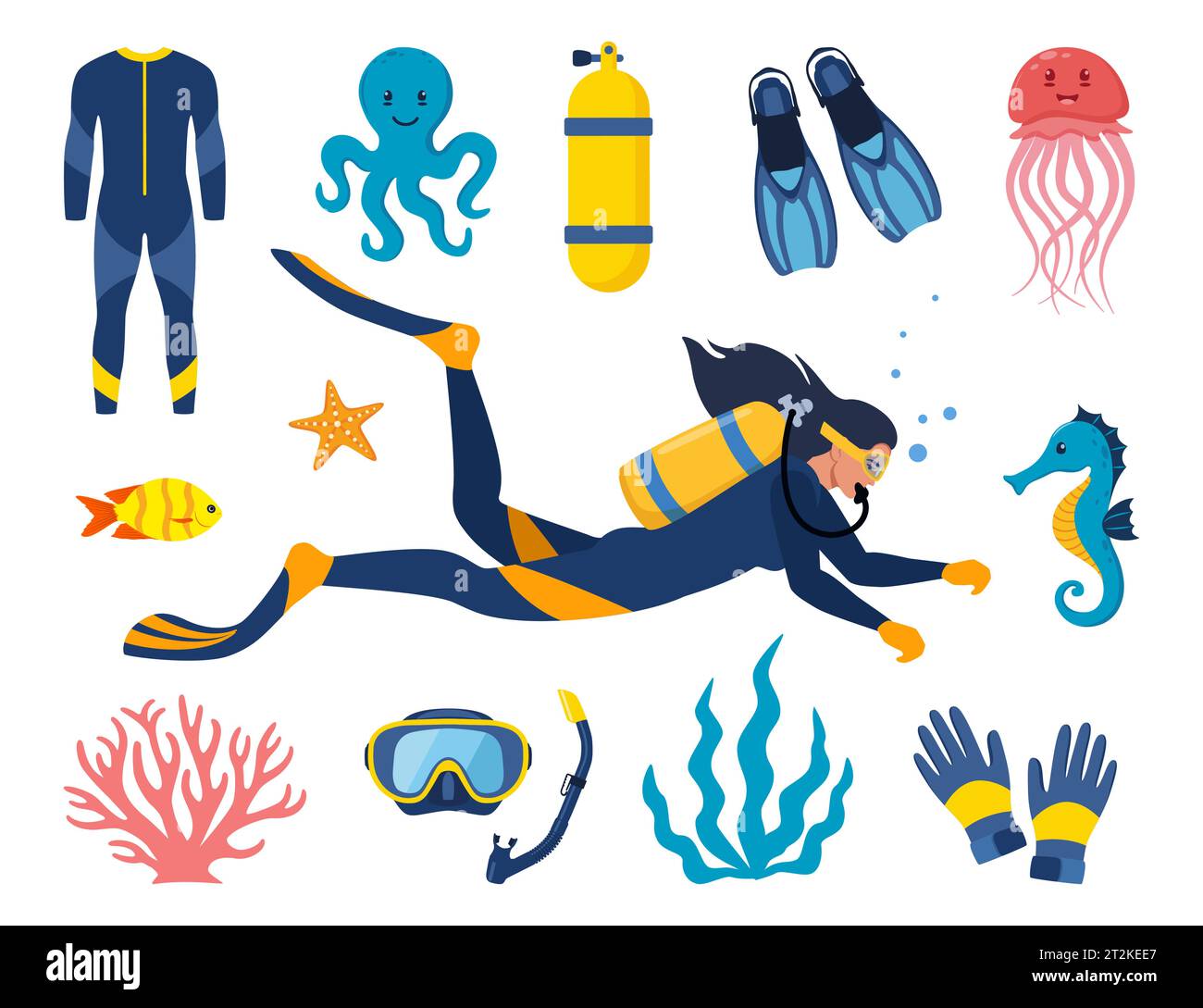 Diving and underwater world, set of elements. Diver with aqualung ...