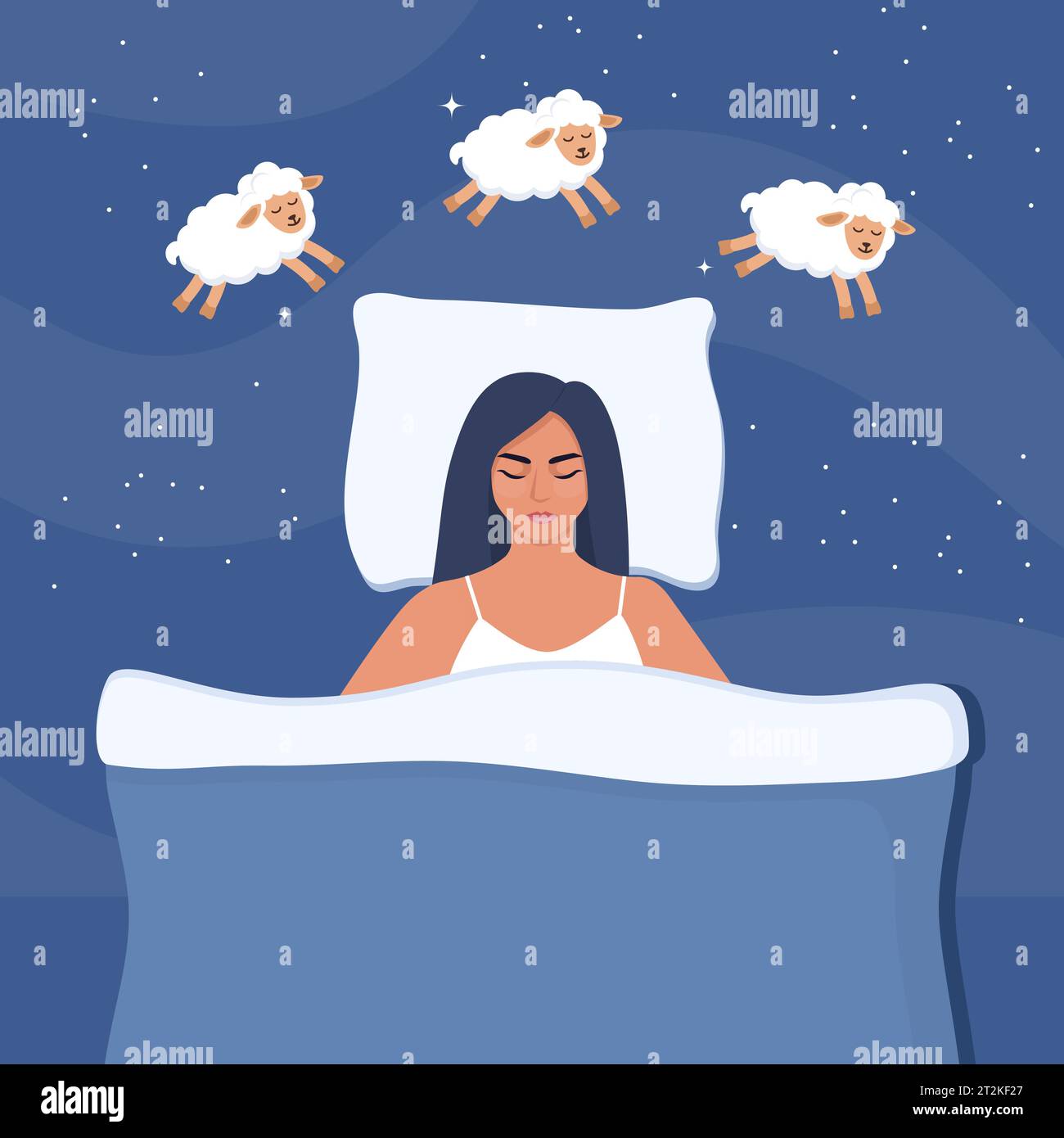 Woman falls asleep, dreams, and counts sheep. Insomnia and sleep ...