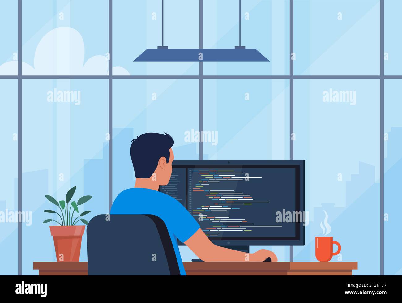 Young Man Writing Code On A Desktop Computer Software Developer At