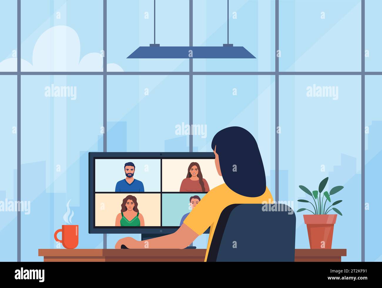 Worker using computer for collective virtual meeting, group video ...