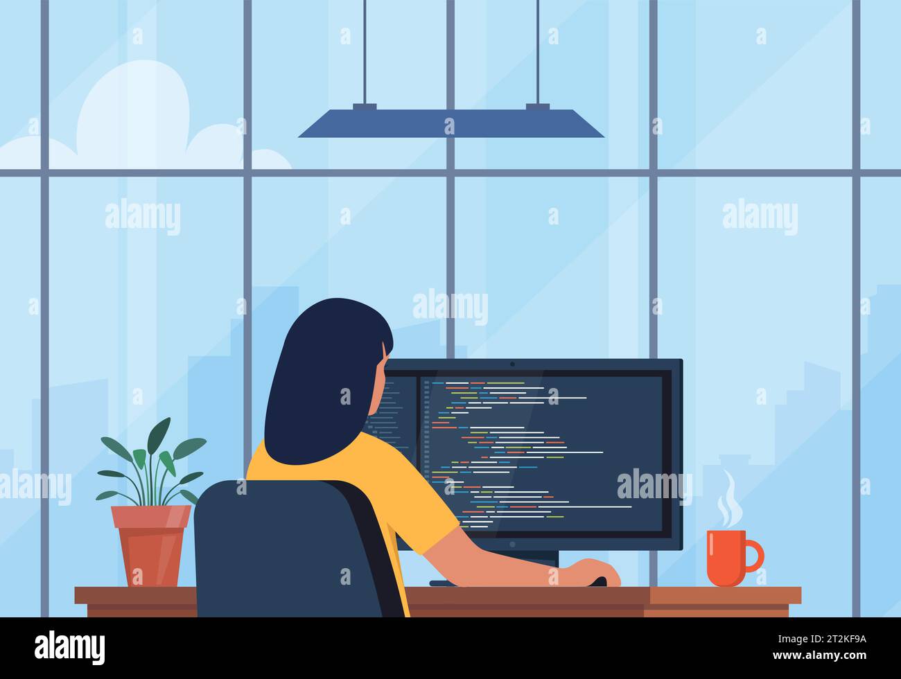 Young woman writing code on a desktop computer. Software developer at work. Workplace with ...