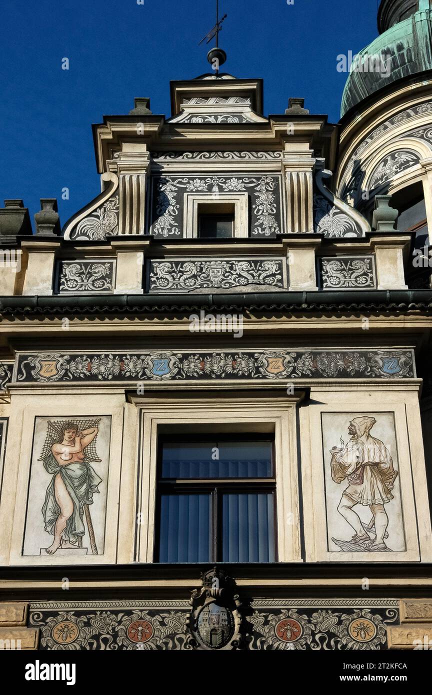 Art Nouveau artwork and decorative sgraffito on gable of large Neo ...