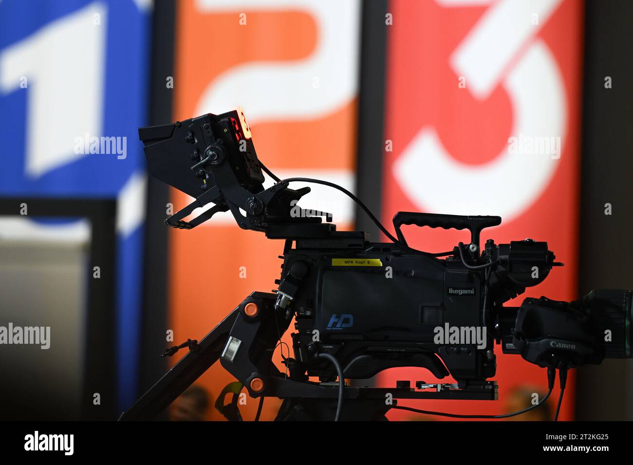20 October 2023, Hesse, Frankfurt/Main: Flags with the brand logos of ...