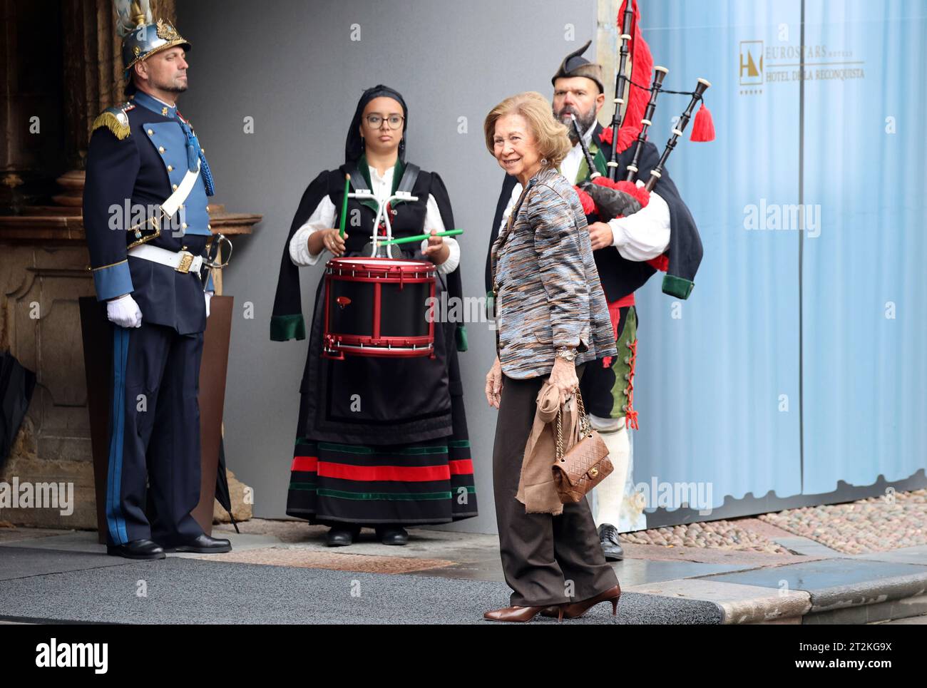 Queen Sofia on her arrival at the Hotel de La Reconquista, on October ...