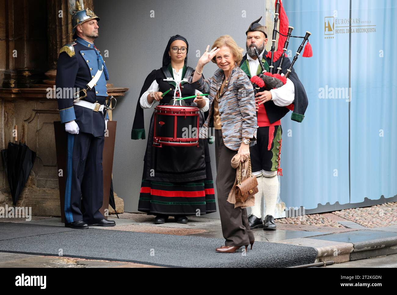 Queen Sofia on her arrival at the Hotel de La Reconquista, on October ...