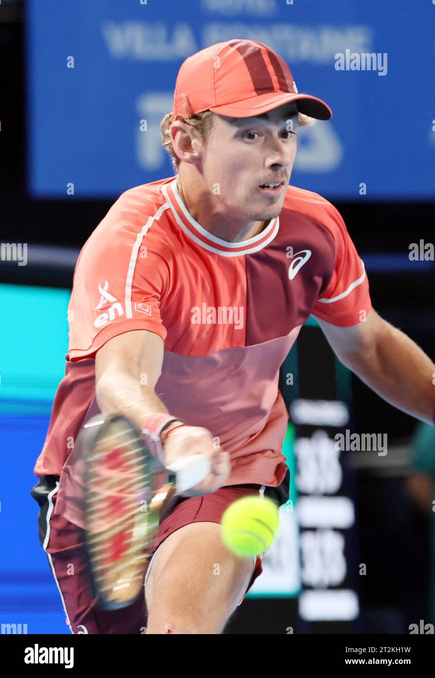 Tokyo, Japan. 20th Oct, 2023. Alex De Minaur of Australia returns the ...