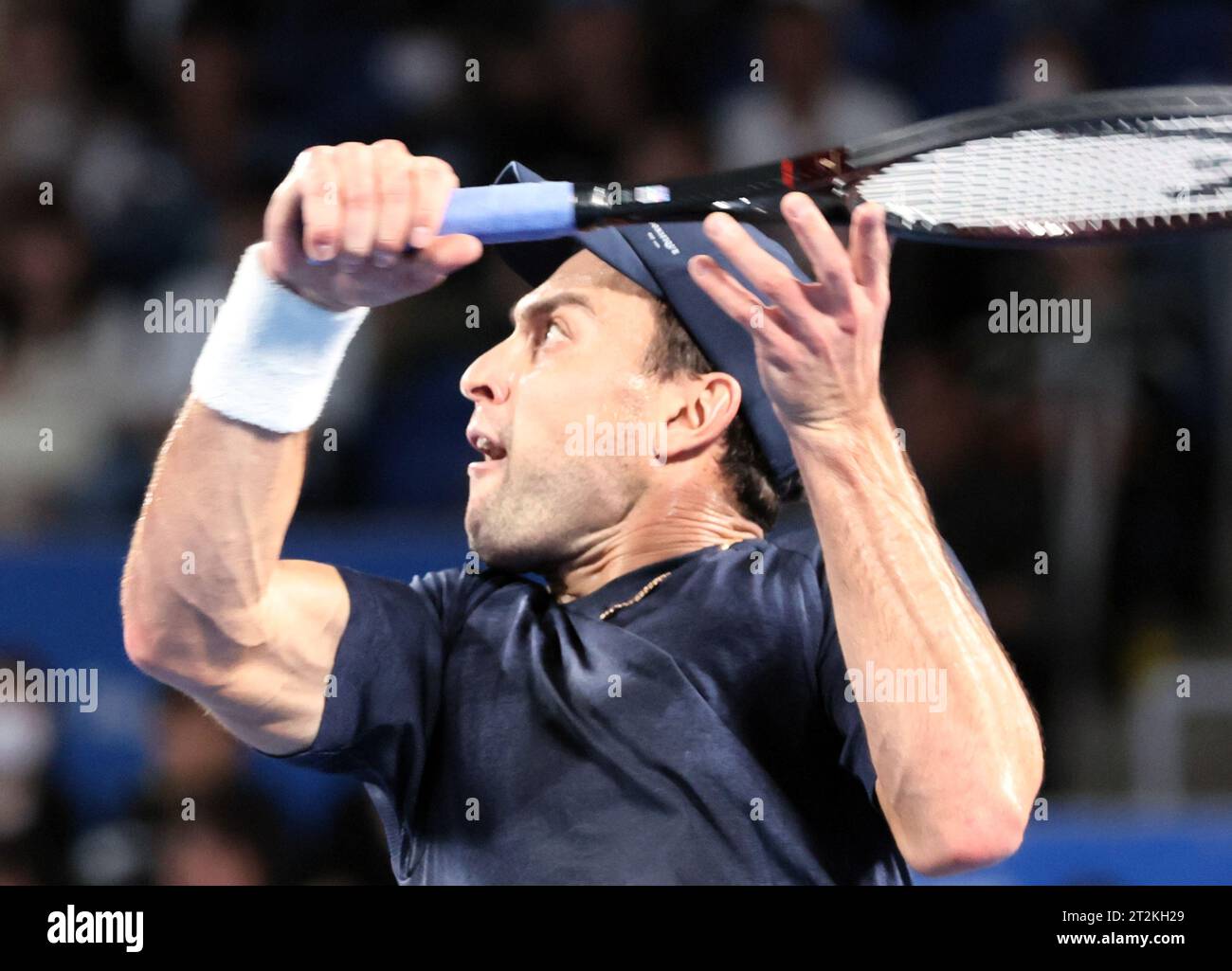 Tokyo, Japan. 20th Oct, 2023. Aslan Karatsev of Russia returns the ball ...
