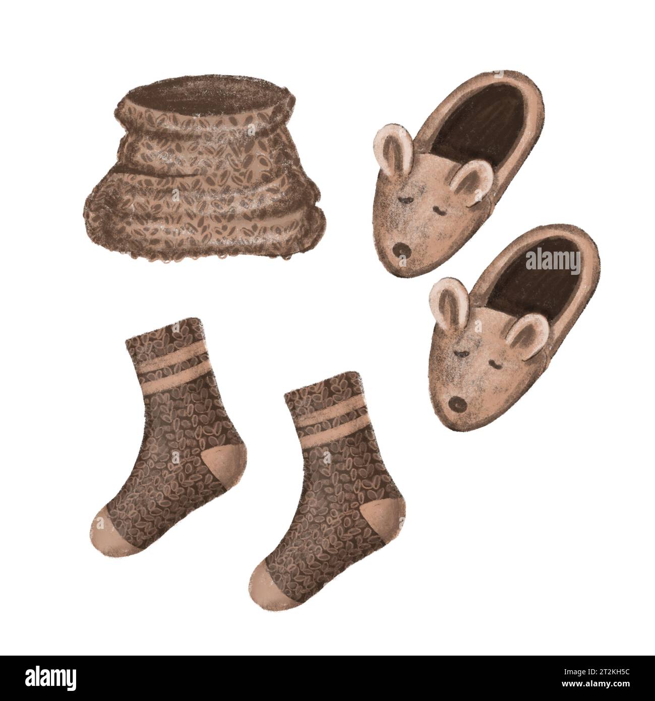 Winter elements, hand drawn illustration. Cute slippers, warm socks and ...