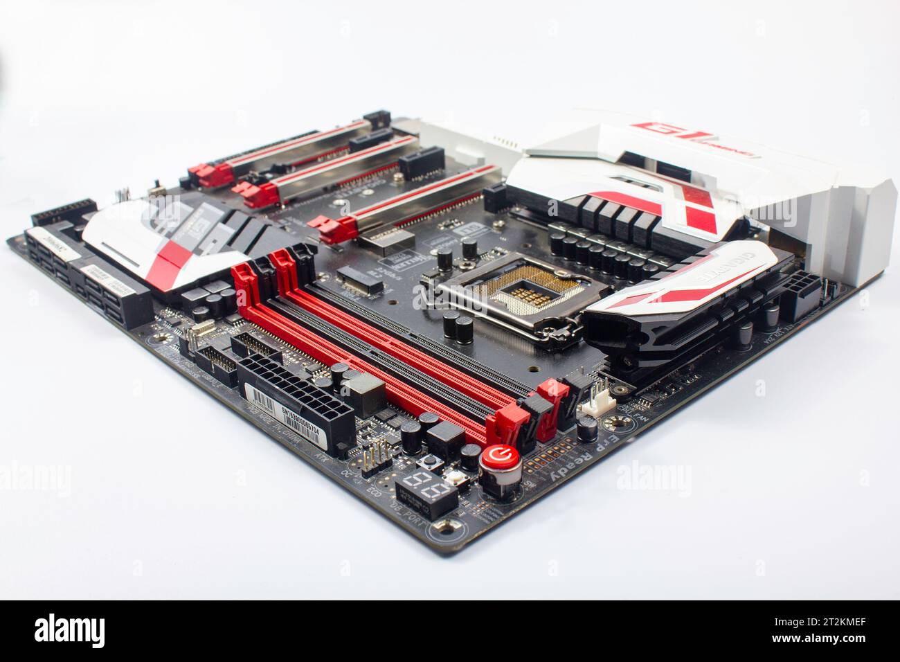 Gaming motherboard without CPU, red details, power switch, POST, on ...