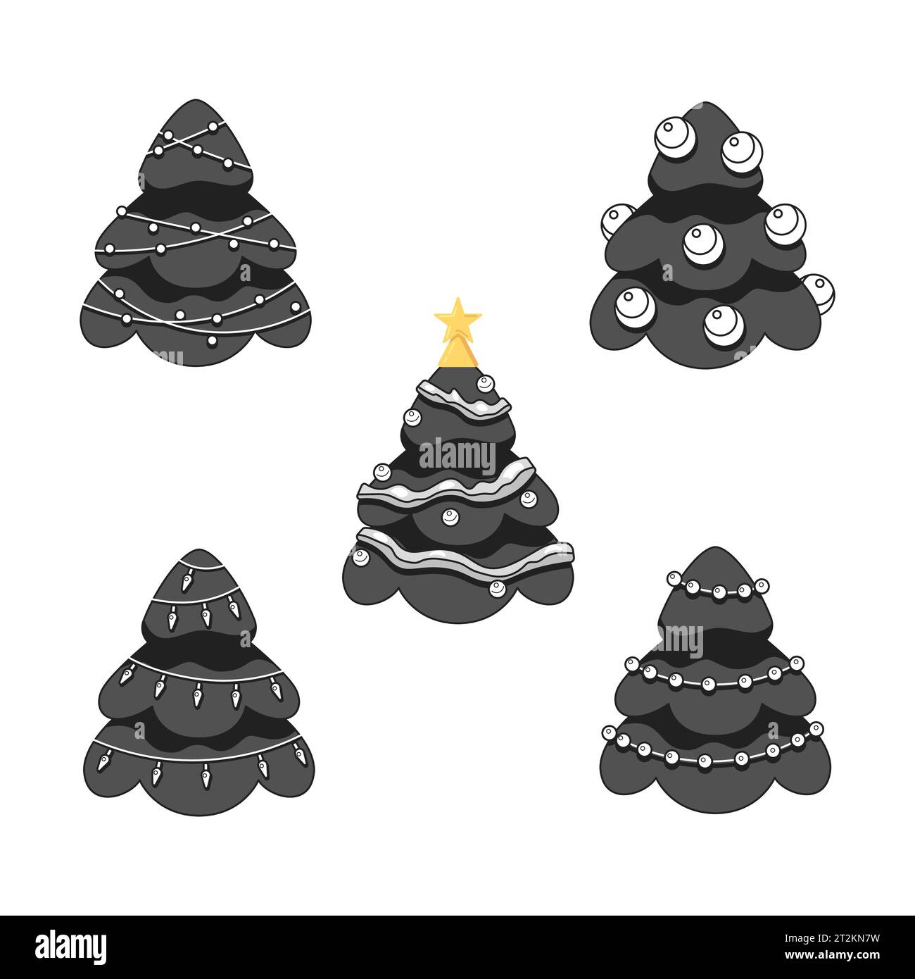 Merry Christmas trees black and white 2D cartoon objects set Stock ...