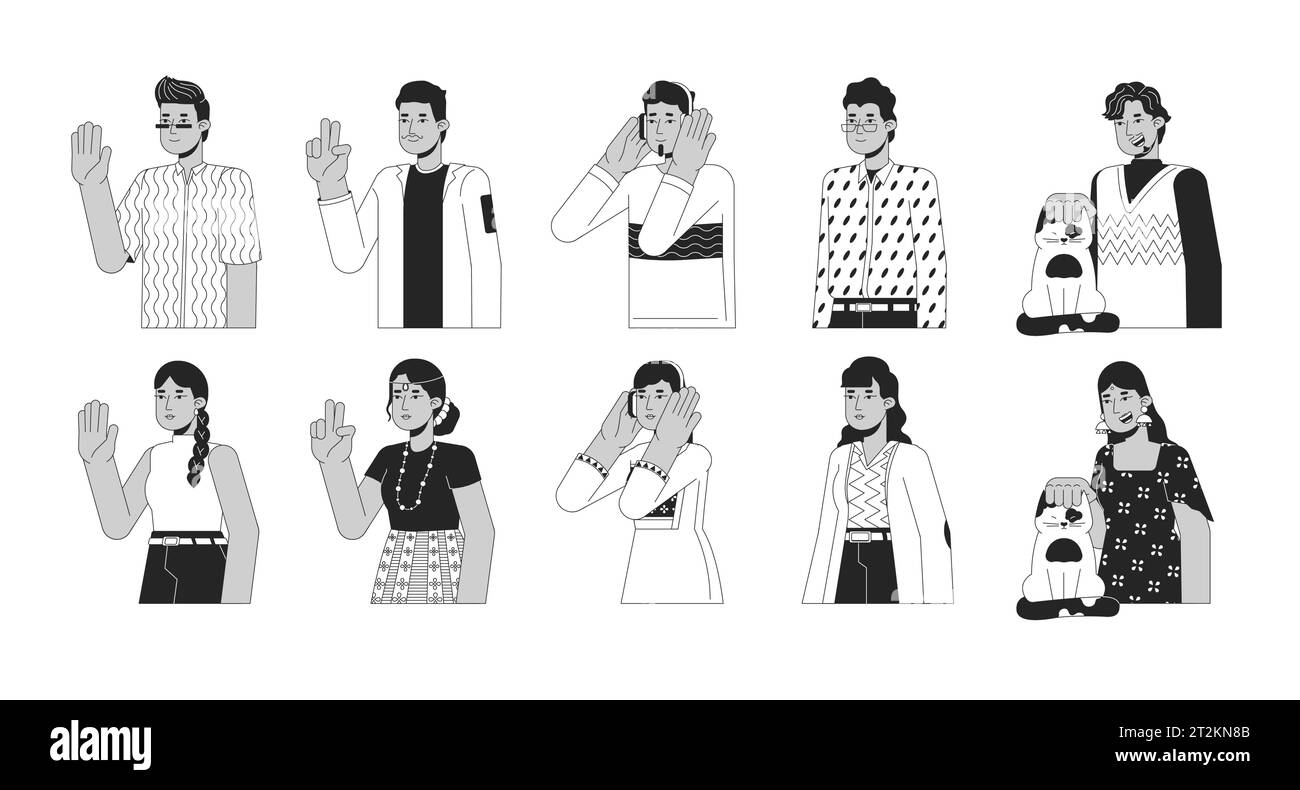 Happy indians south asians black and white 2D line cartoon characters set Stock Vector Image ...