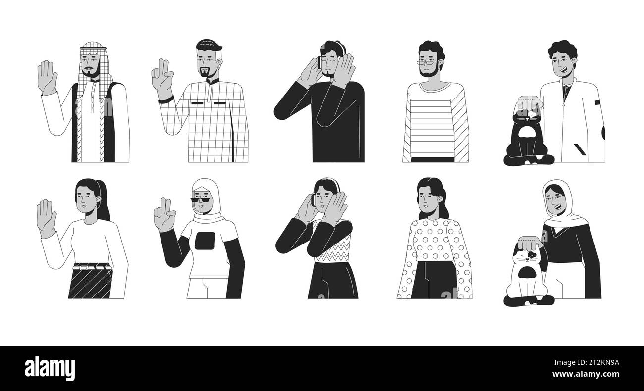 Arabian middle eastern black and white 2D line cartoon characters set ...