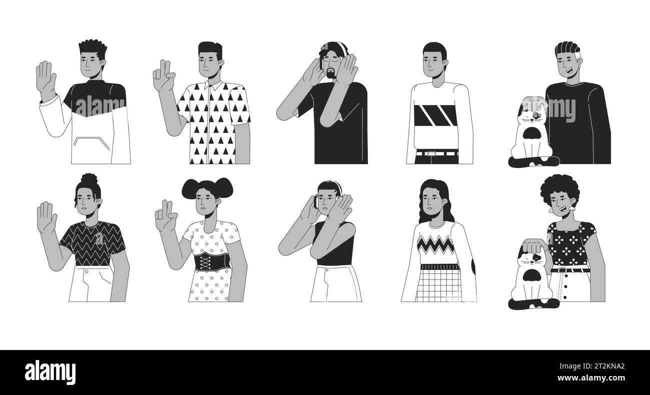 African American Millennial Black And White 2d Line Cartoon Characters