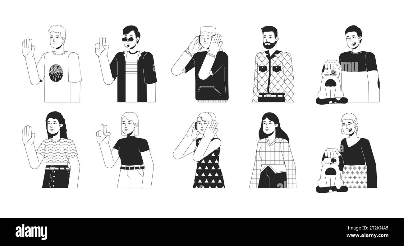 Caucasian young adult black and white 2D line cartoon characters set ...