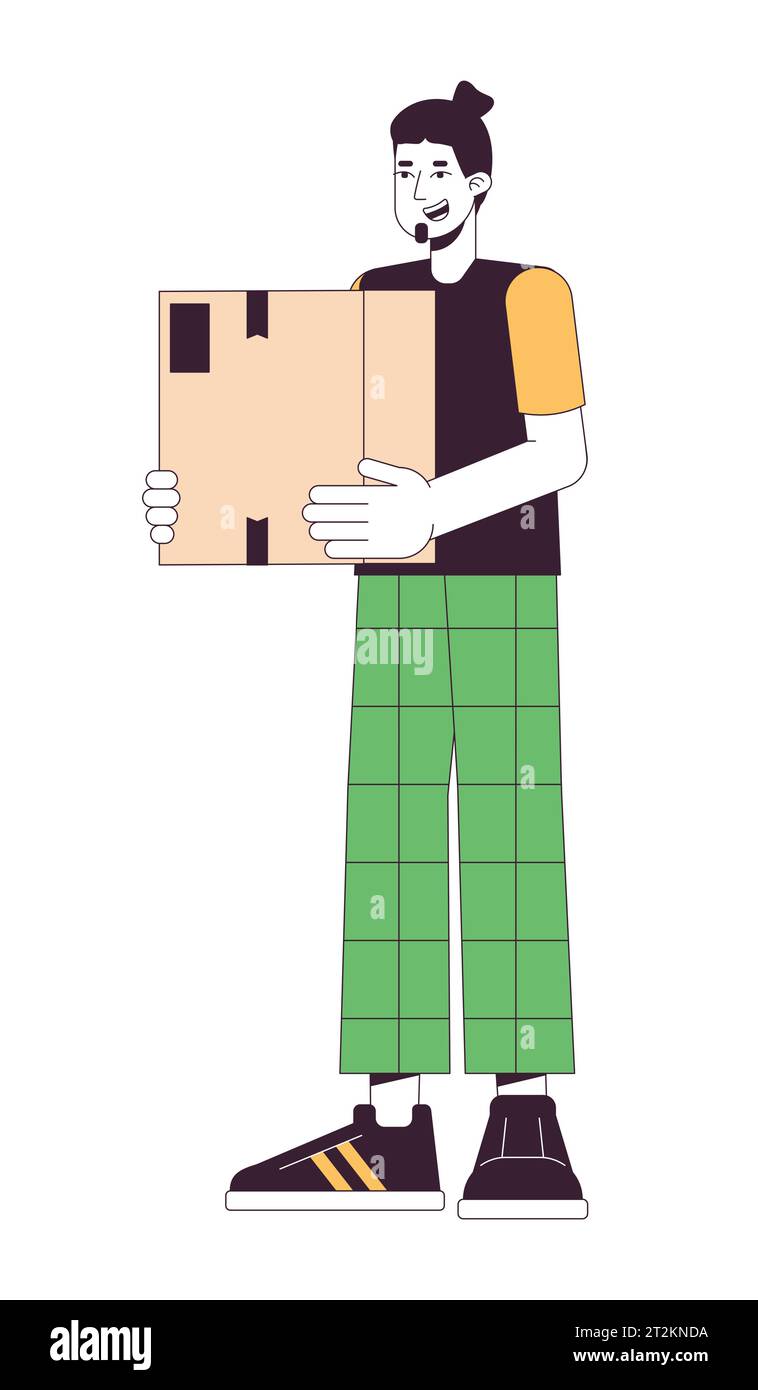 Caucasian adult man holding parcel cardboard box 2D linear cartoon character Stock Vector Image ...