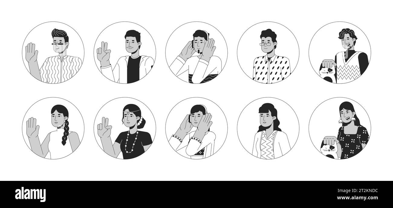 Happy indians south asians black and white 2D vector avatars ...