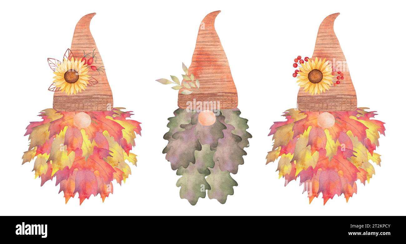 Collection of cute autumn gnomes.Beard made of leaves. Fairytale ...
