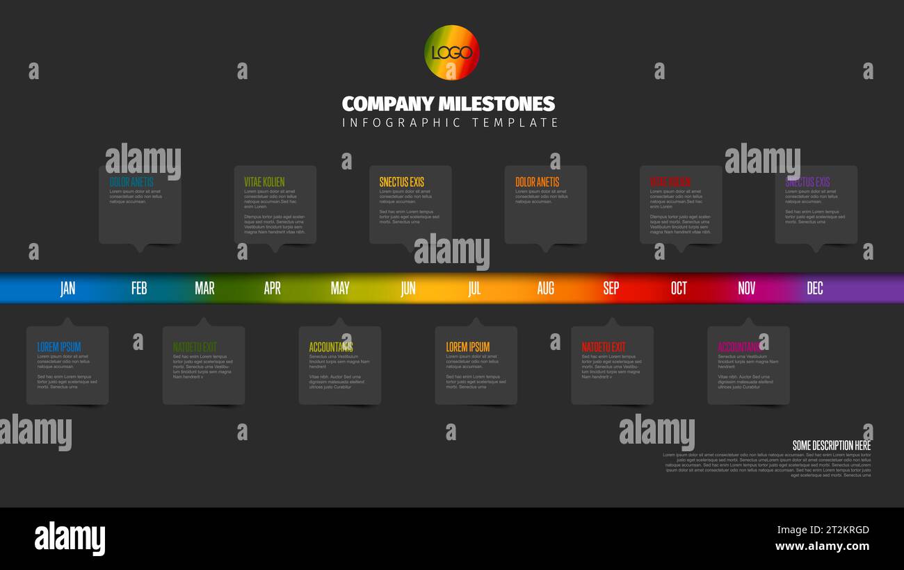 Full year rainbow timeline template with months texts in dark speech ...