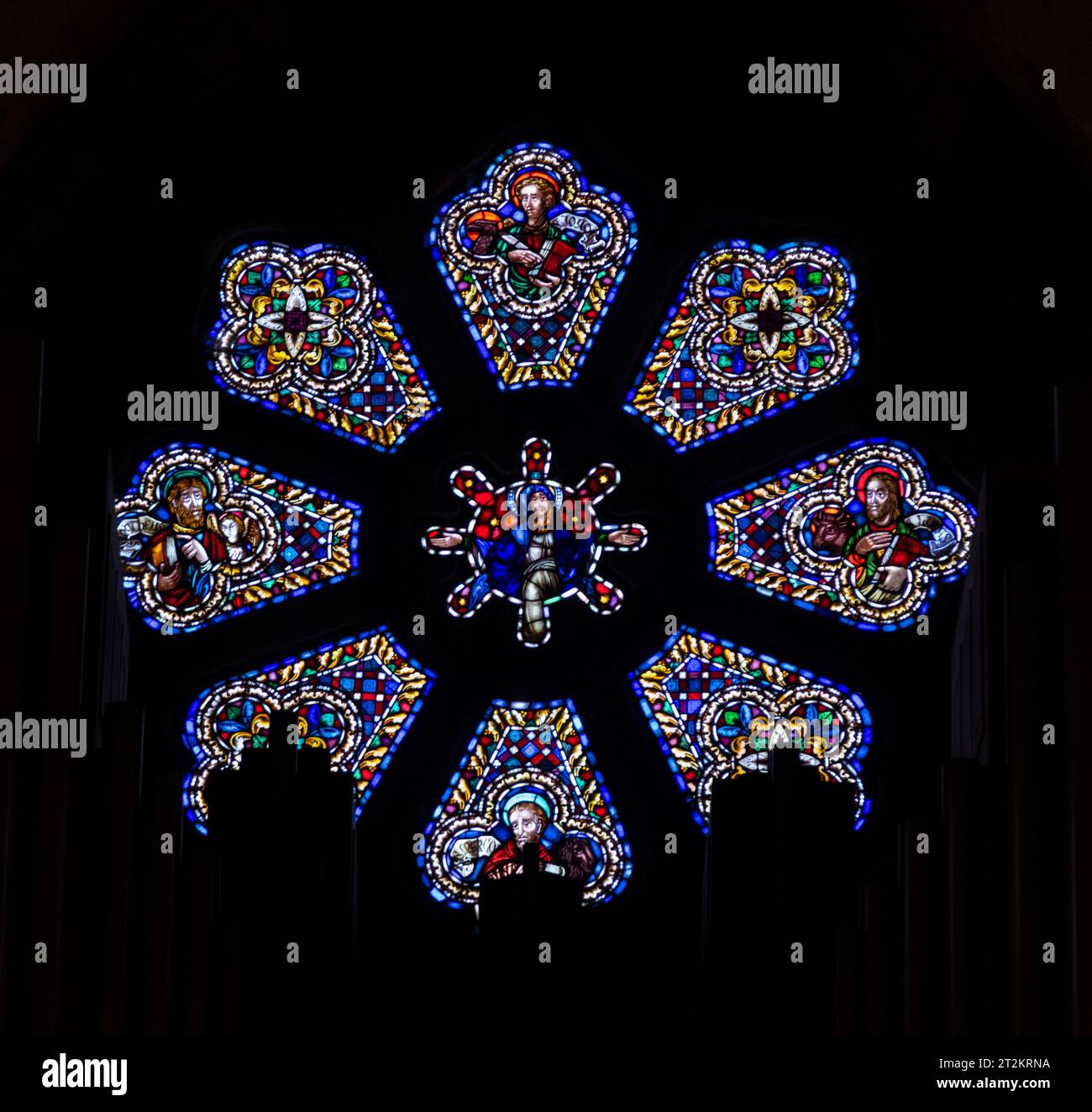 Rose stained glass window at the Se Do Porto, Porto Cathedral, Portugal ...