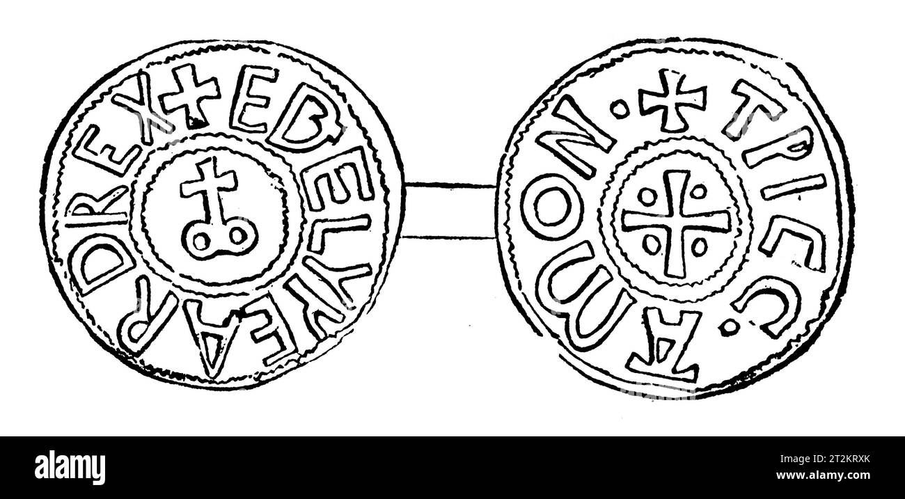 Drawing of a Silver Penny of King Aethelweard of East Anglia. Black and ...