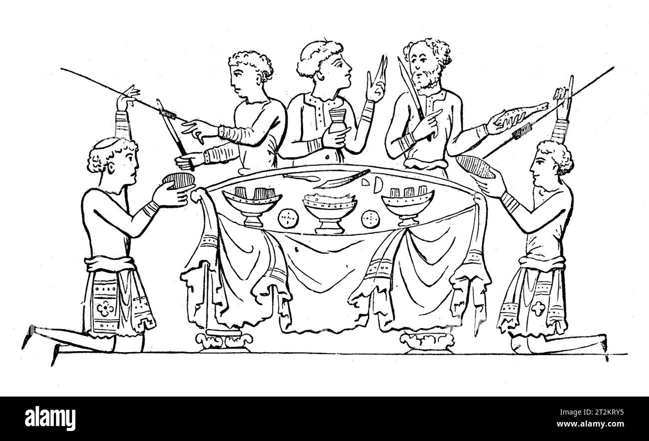 Anglo-Saxon Dinner Party. MS Cotton. Black and White Illustration from ...