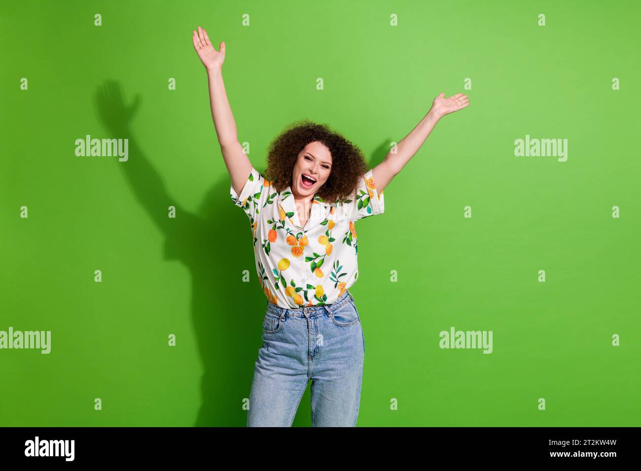 Photo of astonished positive person raise arms shout rejoice good mood ...