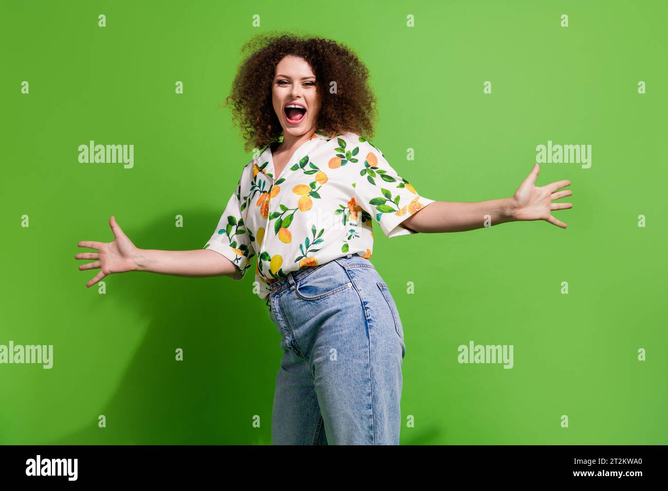 Photo of funky cheerful lady wear print shirt rising hands arms having ...