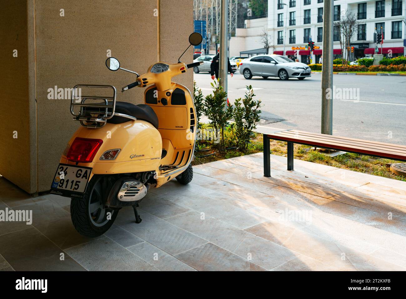 ISTANBUL, TURKEY - APRIL 12, 2022: Yellow moped parked in Istanbul ...