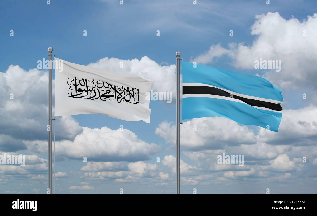 Botswana and Afghanistan flags waving together on blue cloudy sky, two country relationship ...