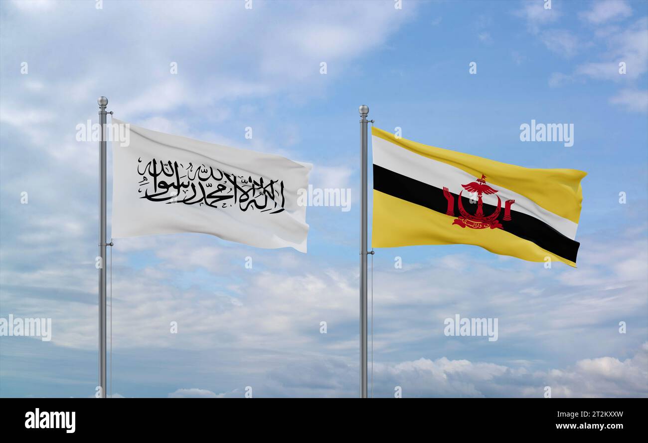 Brunei and Afghanistan flags waving together on blue cloudy sky, two country relationship ...