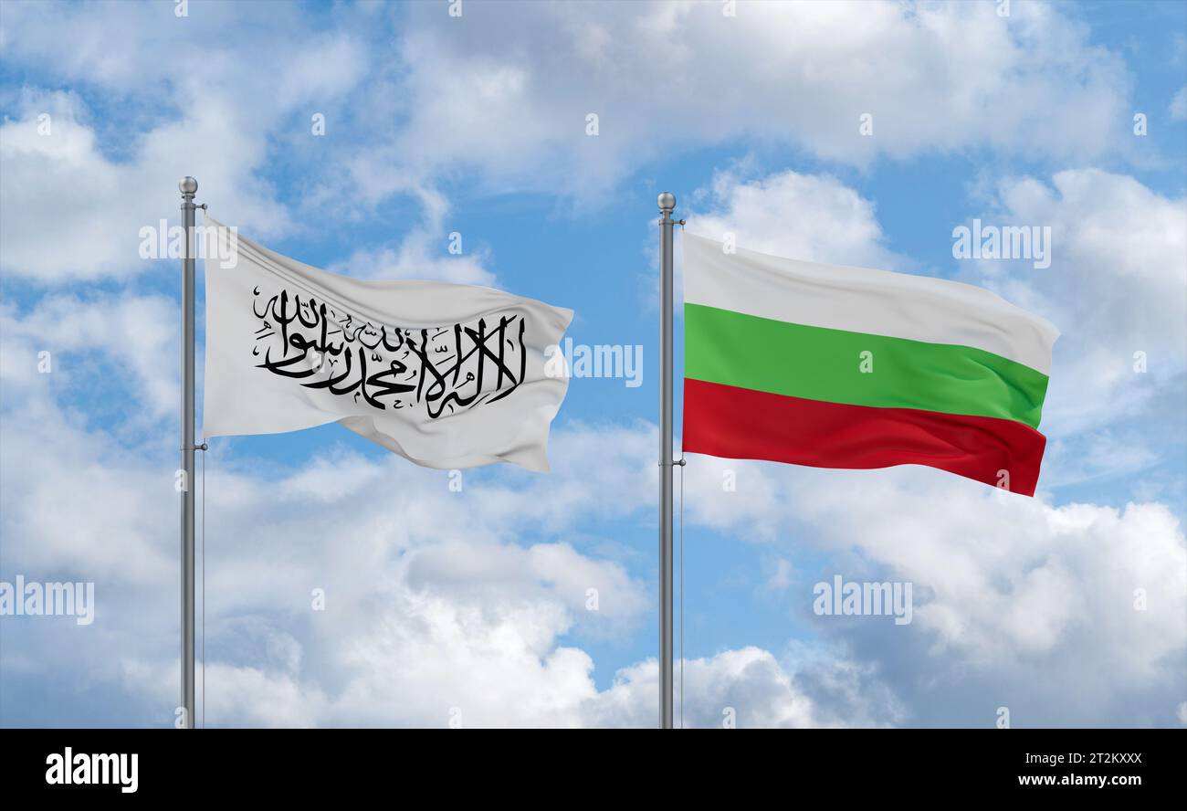 Bulgaria and Afghanistan flags waving together on blue cloudy sky, two country relationship ...