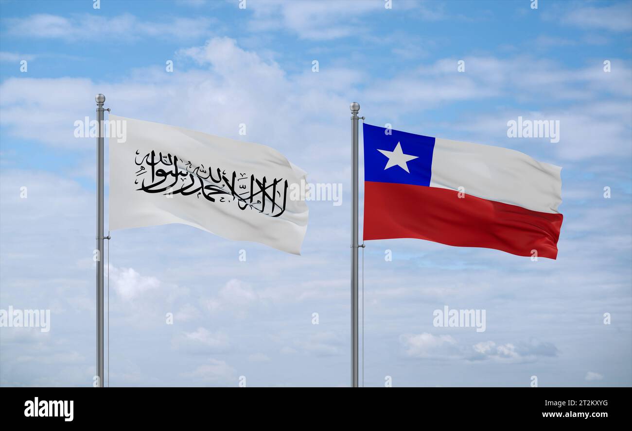 Chile and Afghanistan flags waving together on blue cloudy sky, two country relationship concept ...