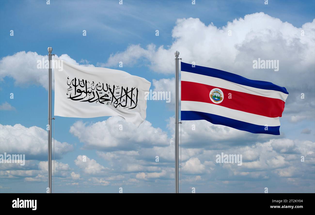 Costa Rico and Afghanistan flags waving together in the wind on blue ...