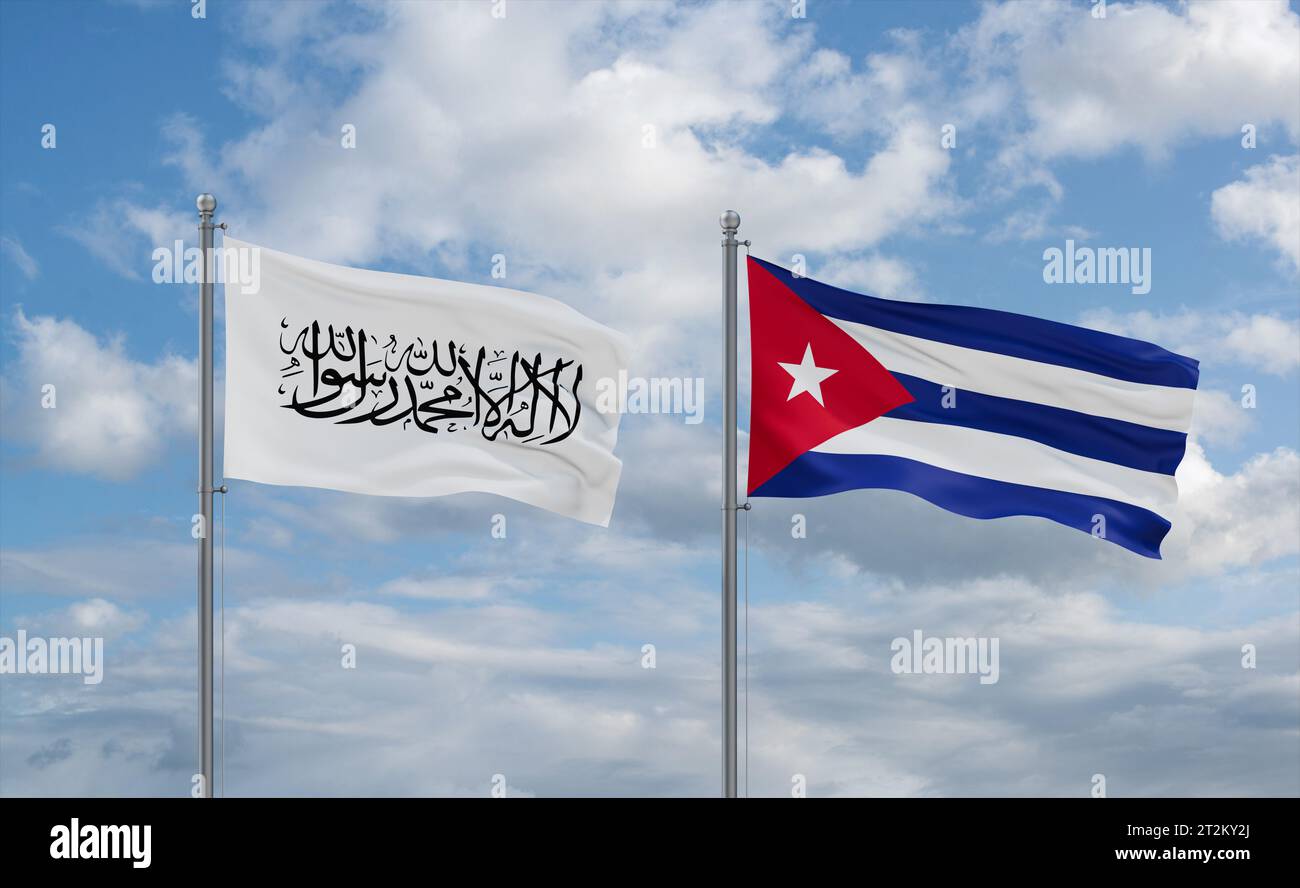 Cuba and Afghanistan flags waving together in the wind on blue cloudy sky, two country ...