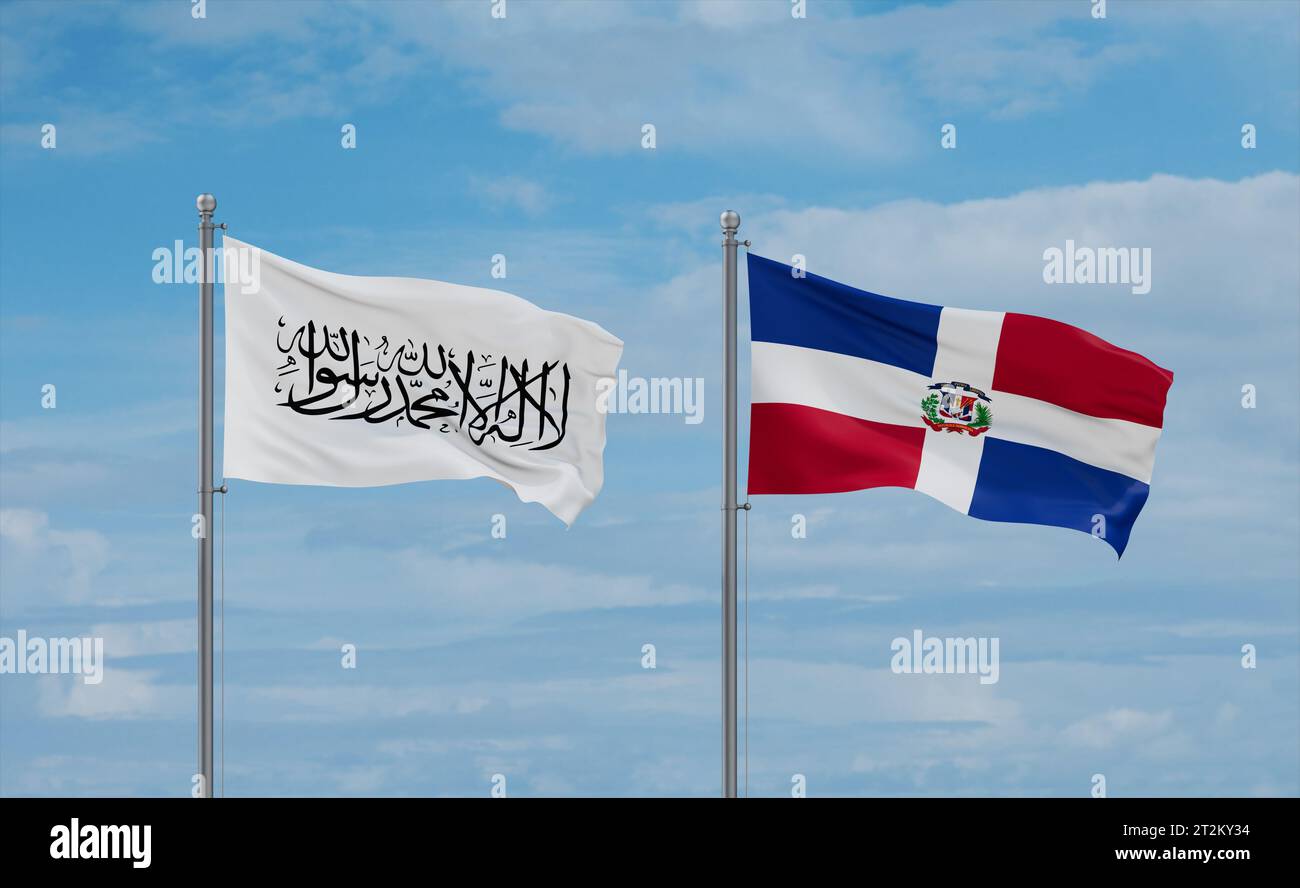 Dominican Republic and Afghanistan flags waving together on blue cloudy sky, two country ...