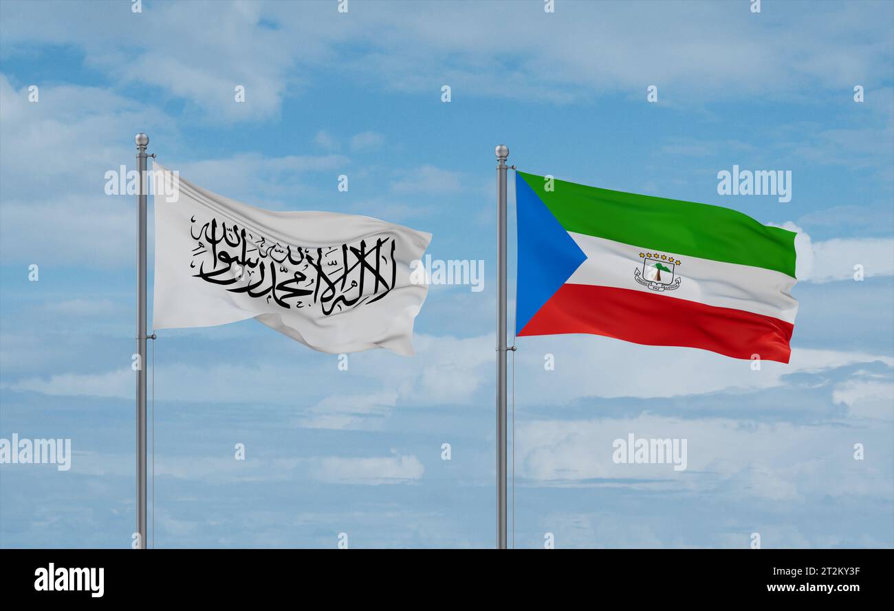 Equatorial Guinea and Afghanistan flags waving together on blue cloudy sky, two country ...