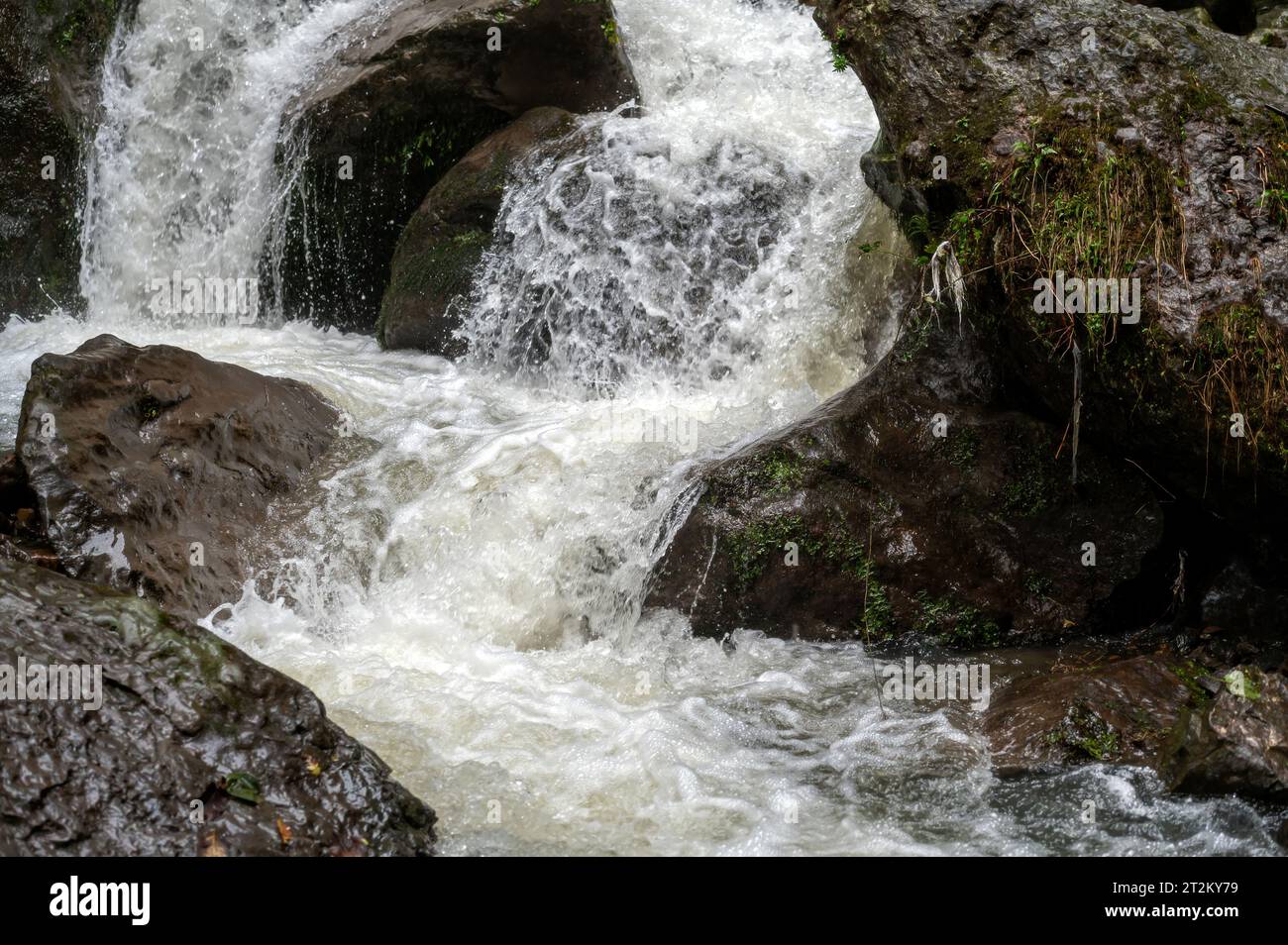 Rapid and powerful water flow between large rocks in cold mountain ...