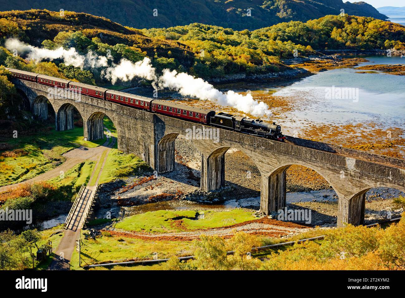 Jacobite Steam Train with 5 carriages crossing the 8 arch nan Uamh ...