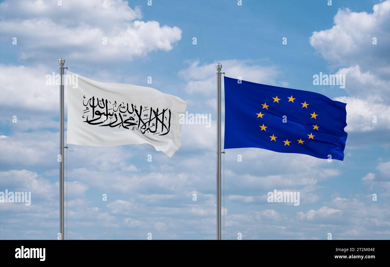 European Union and Afghanistan flags waving together in the wind on ...