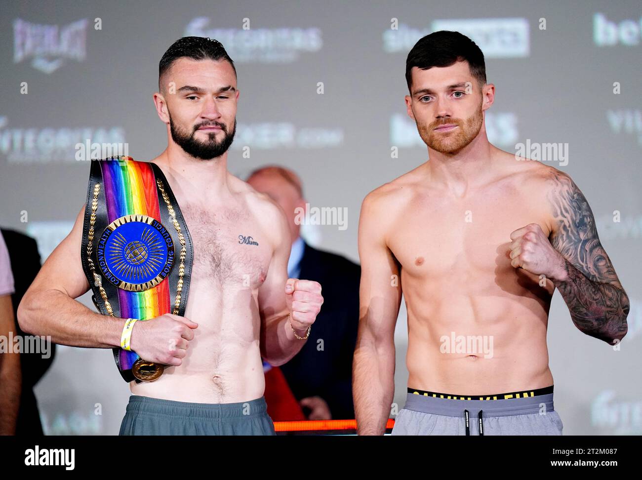 Louis Greene (left) and Sam Gilley during a weigh-in at Genesis Cinema ...