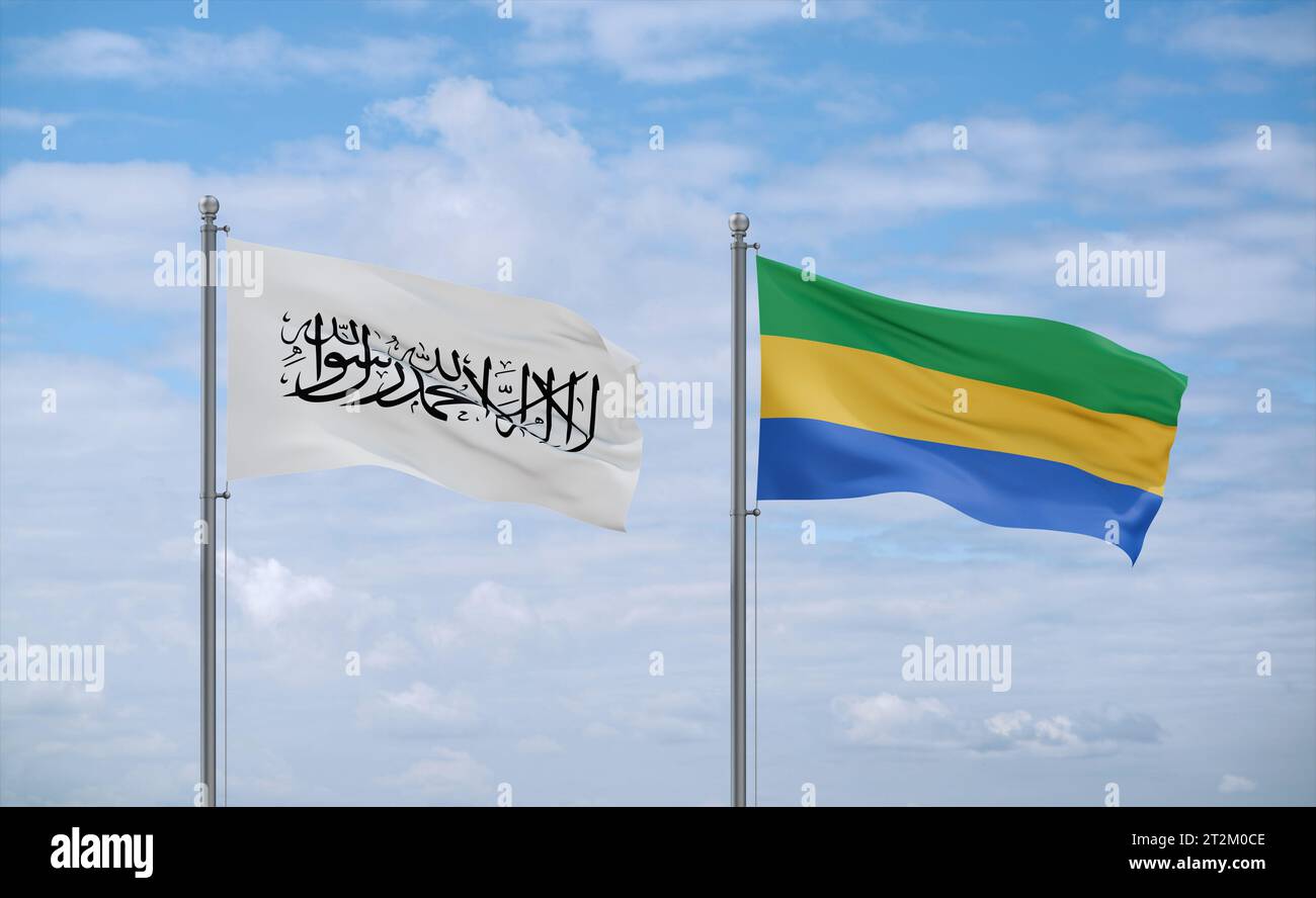 Gabon and Afghanistan flags waving together on blue cloudy sky, two country relationship concept ...
