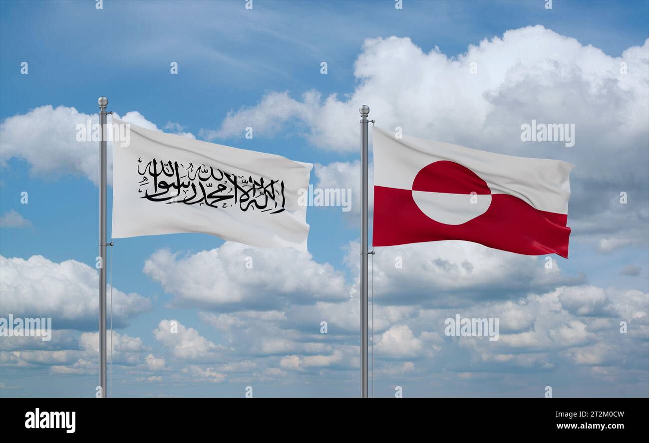 Greenland and Afghanistan flags waving together on blue cloudy sky, two country relationship ...
