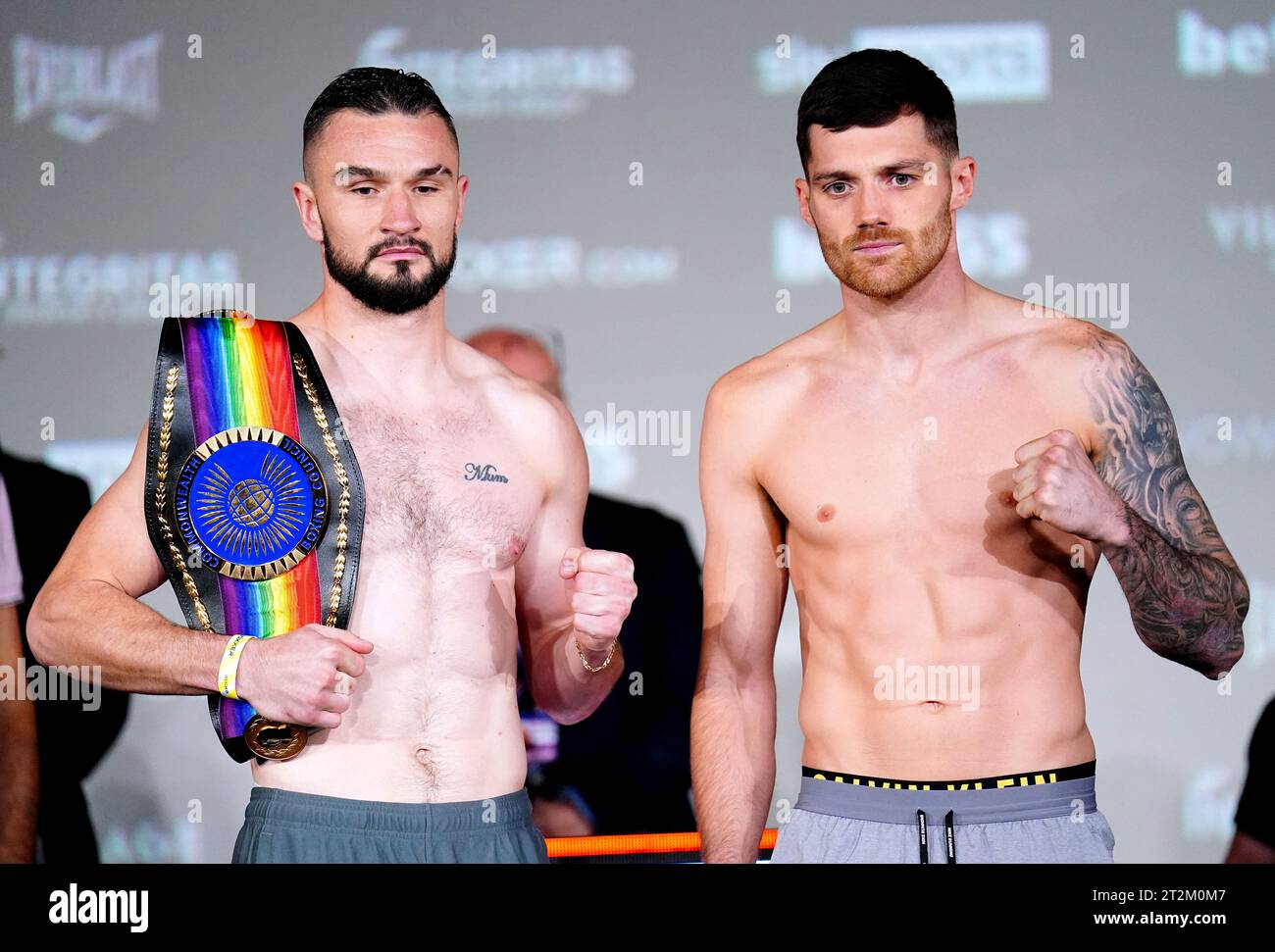 Louis Greene (left) and Sam Gilley during a weigh-in at Genesis Cinema ...