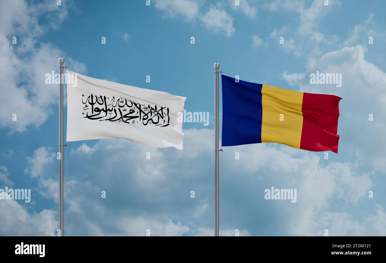 Romania and Afghanistan flags waving together in the wind on blue cloudy sky, two country ...
