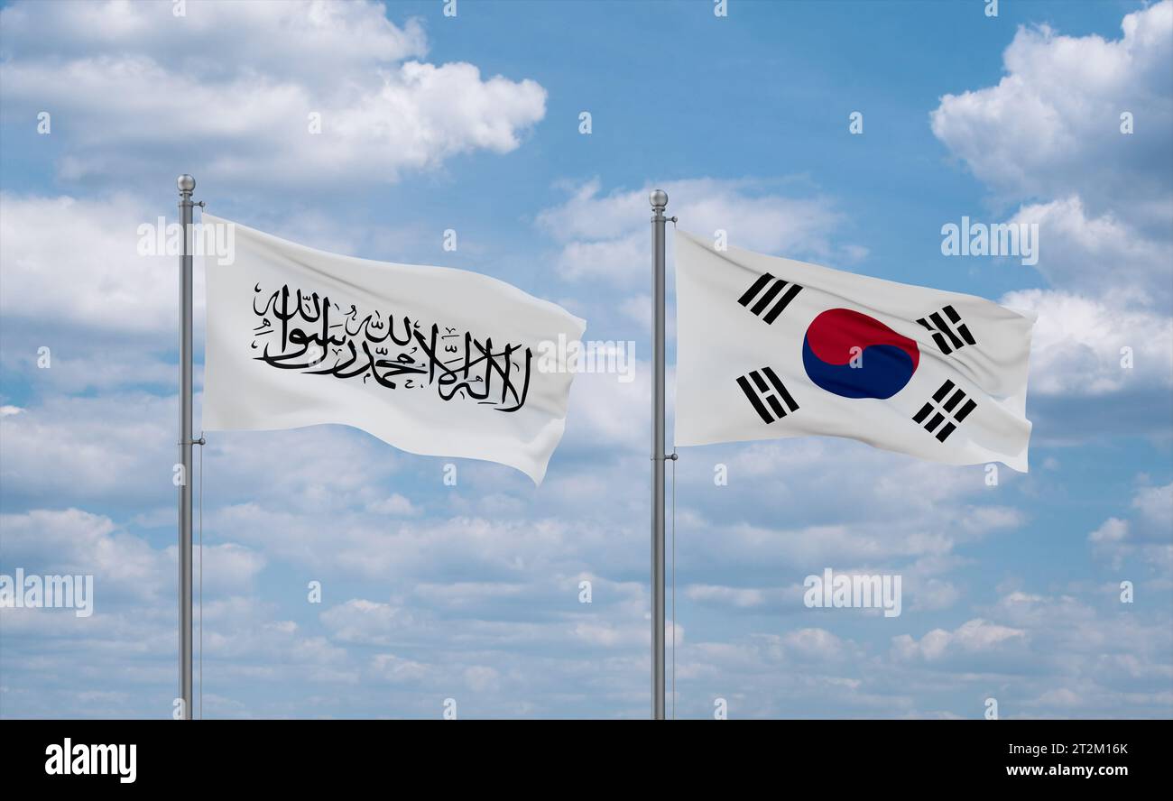 South Korea or Republic of Korea or ROK and Afghanistan flags waving ...