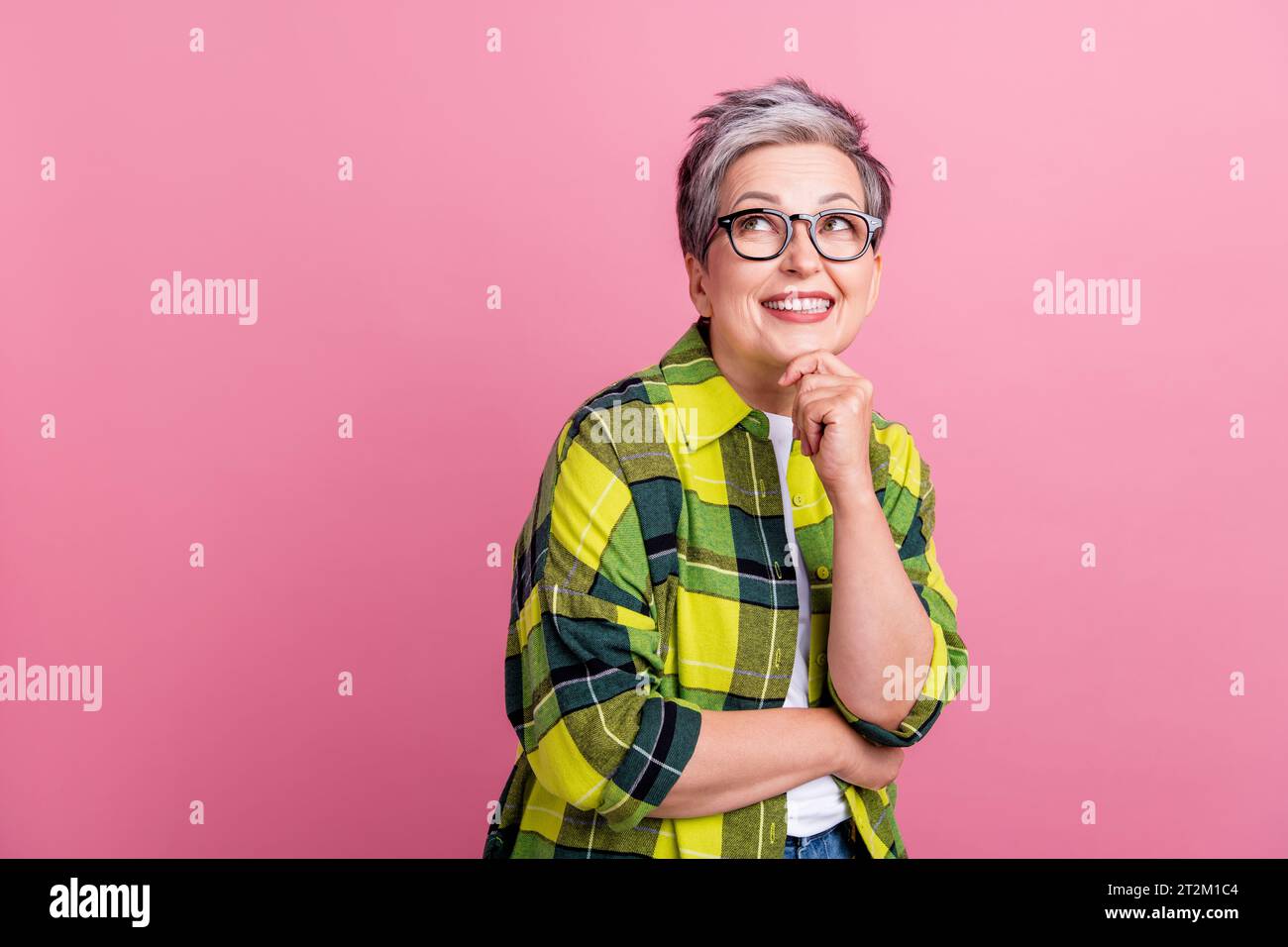 Portrait of pleasant person with white gray hair dressed plaid shirt ...