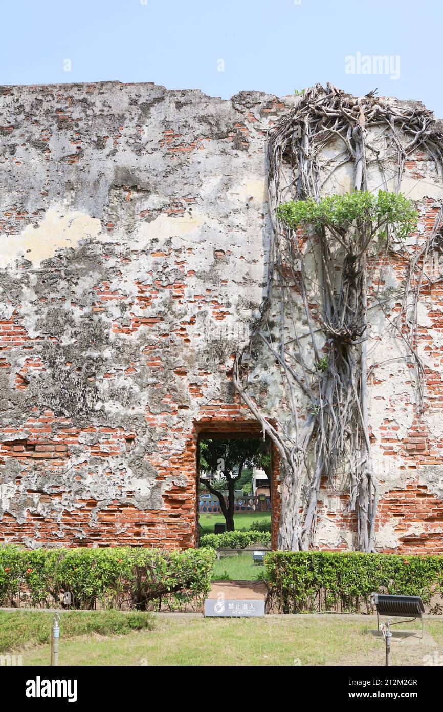 Tainan City, Taiwan, September 15, 2023.The old brick wall of Anping ...