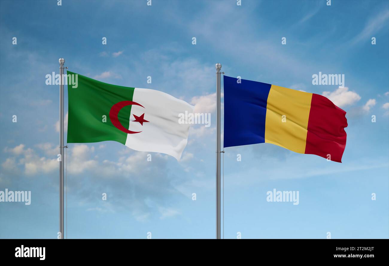 Republic of Chad and Algeria flags waving together in the wind on blue ...
